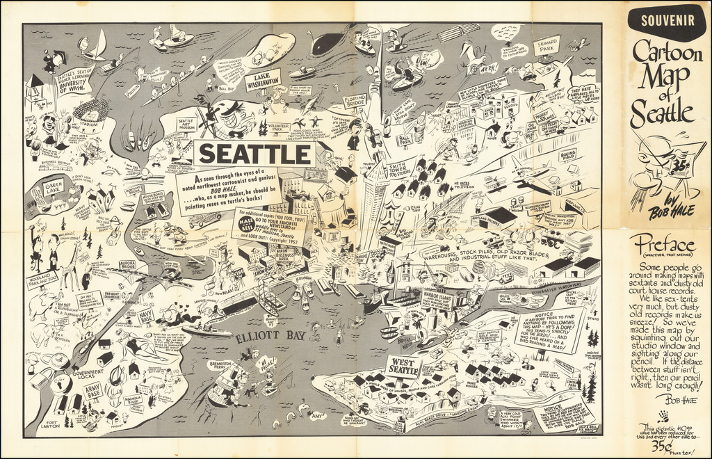 Souvenir Cartoon Map of Seattle by Bob Hale - Barry Lawrence Ruderman ...