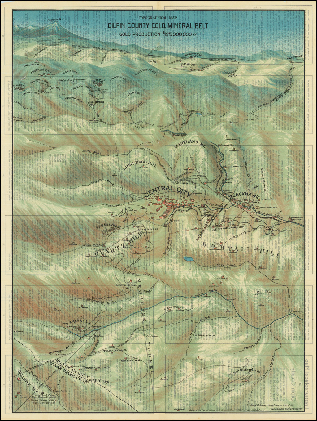 Topographical Map Gilpin County Colo. Mineral Belt. Gold Production ...