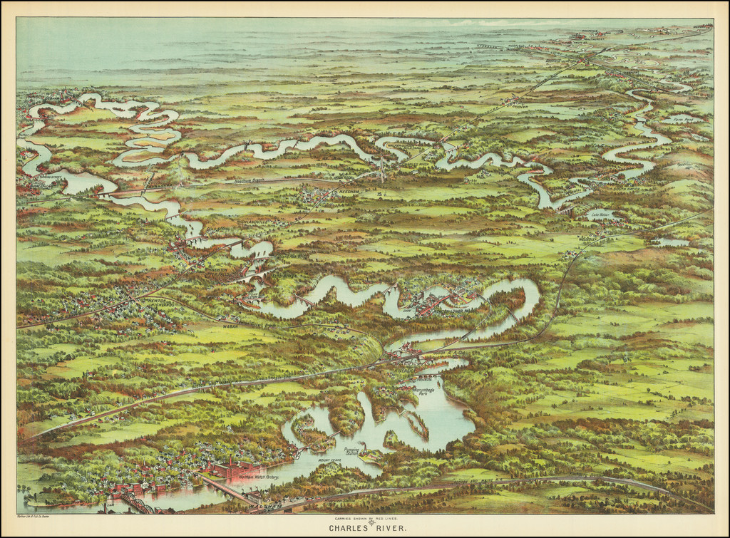 Charles River. [Canoe Map of Charles River Bird's-Eye View Showing ...