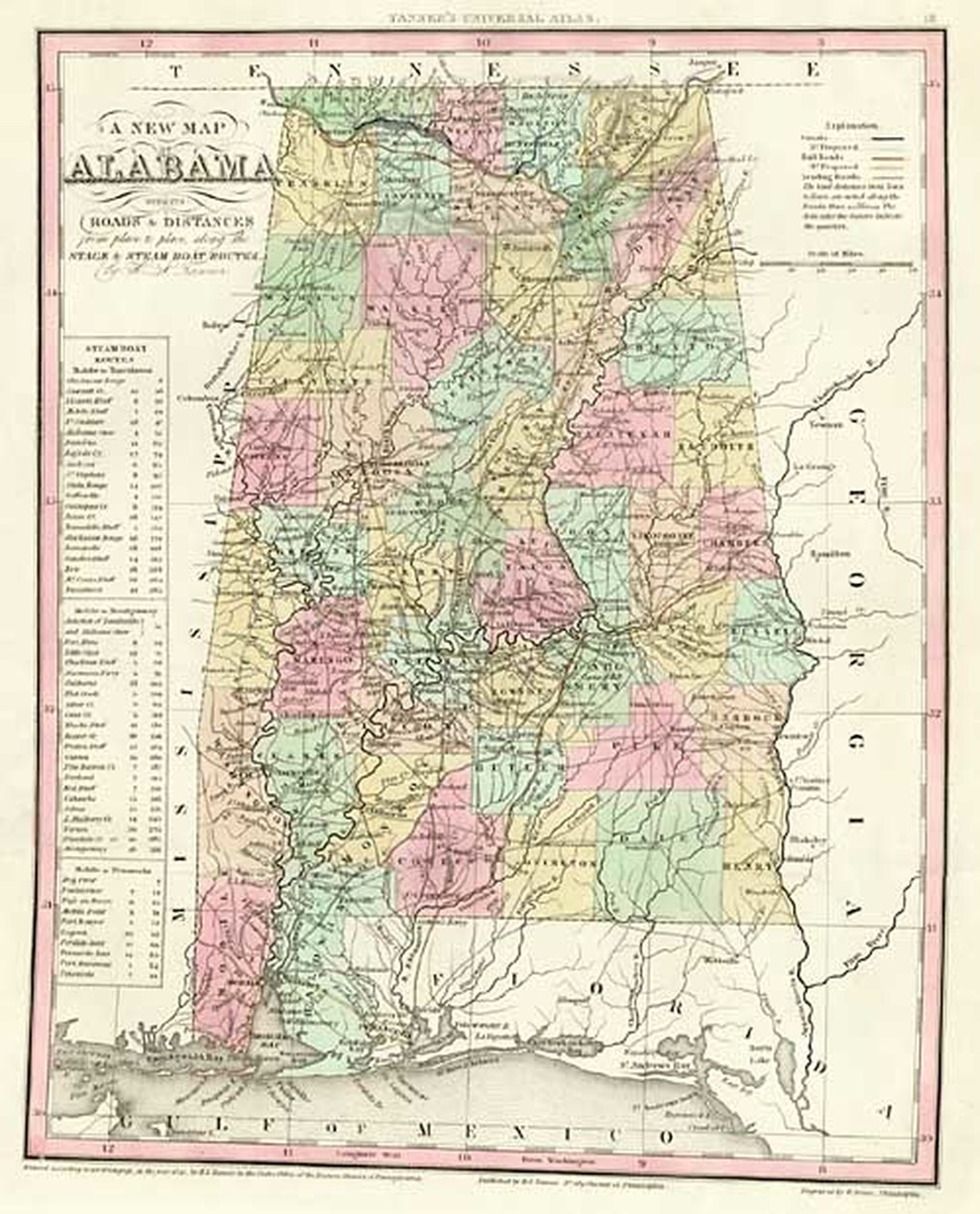 A New Map Of Alabama with its Canals, Roads, Distances from Place to ...