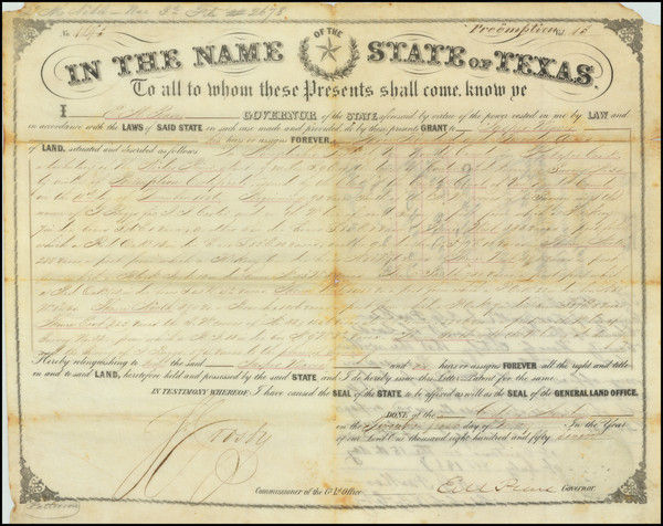 (Van Zandt County, Texas) [Preemption Land Grant, signed by Elisha M ...
