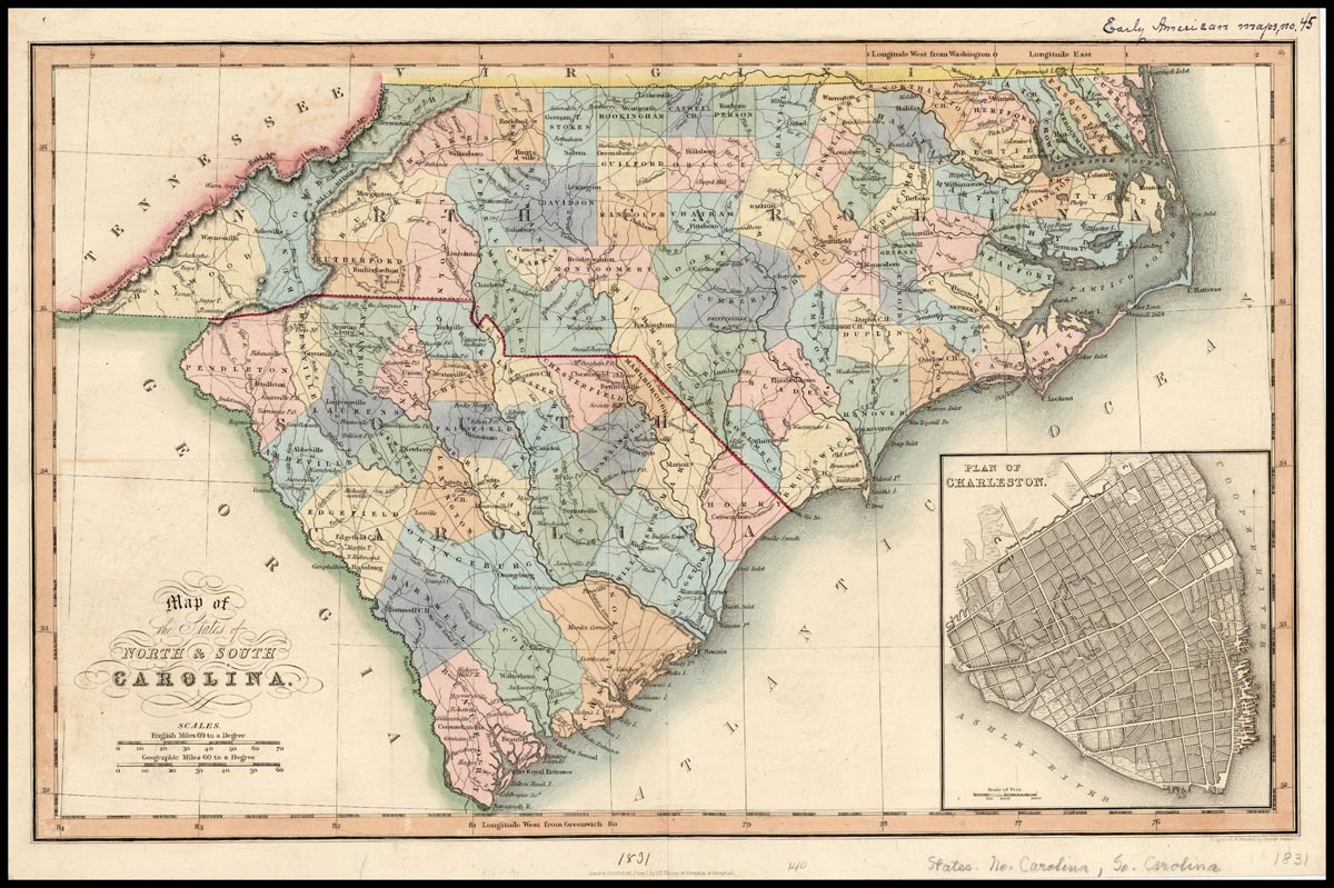 Map of the States of North & South Carolina [Large Charleston Inset ...
