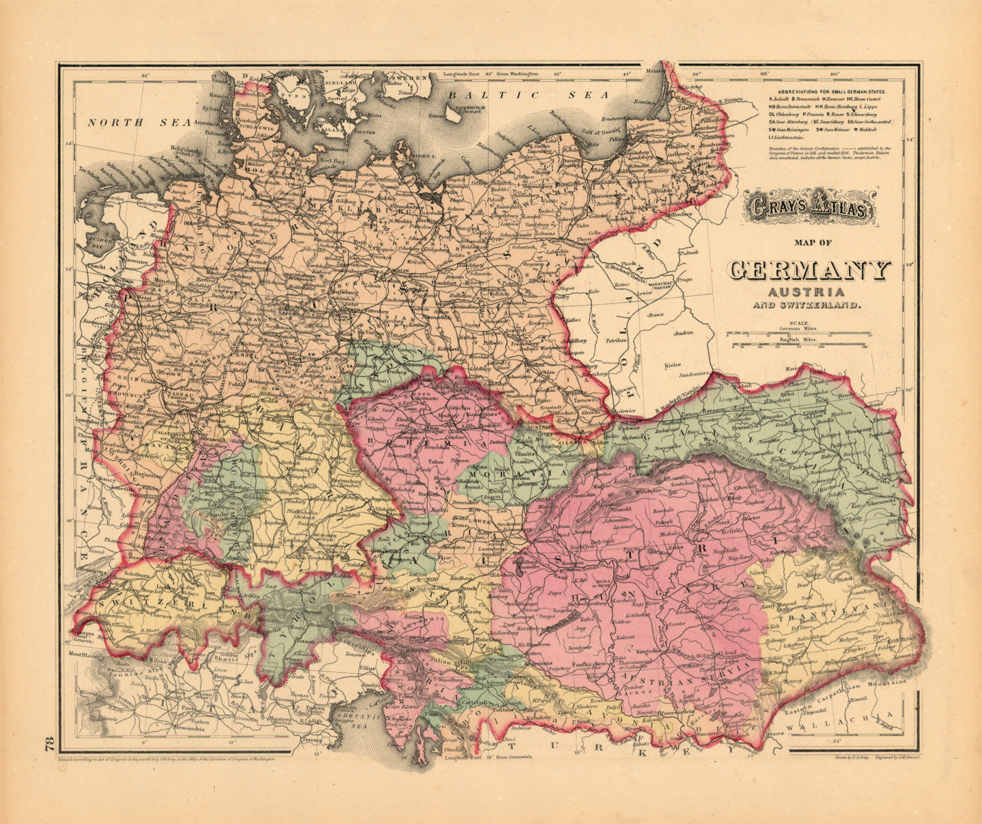 Gray's Atlas Map of Germany Austria and Switzerland - Barry Lawrence ...