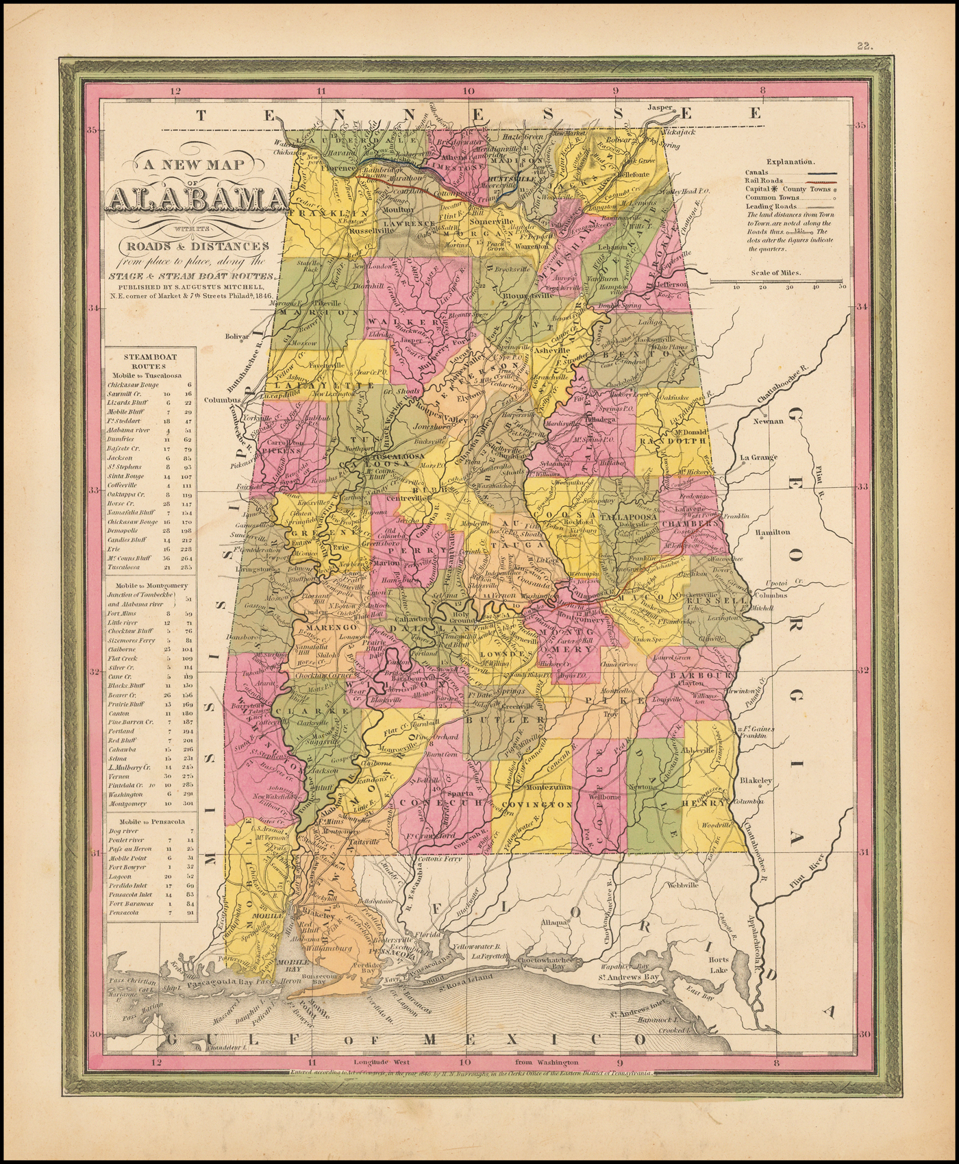 A New Map Of Alabama with its Canals, Roads, Distances from Place to ...