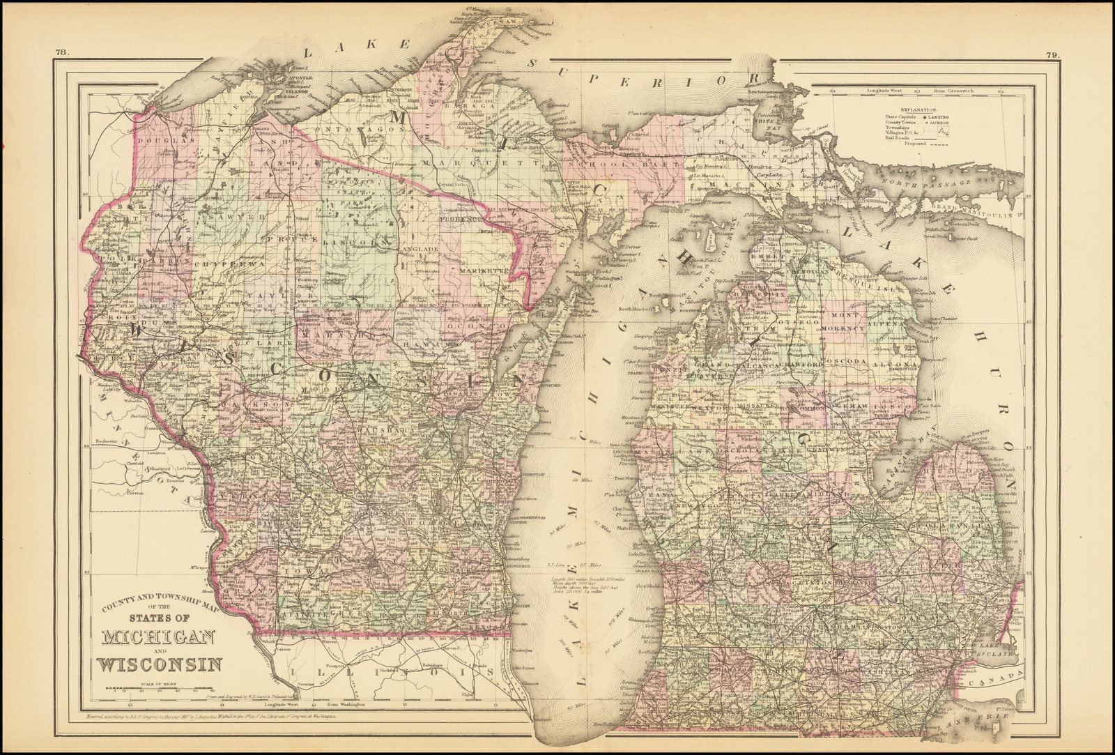 County & Township Map of the States of Michigan and Wisconsin - Barry ...
