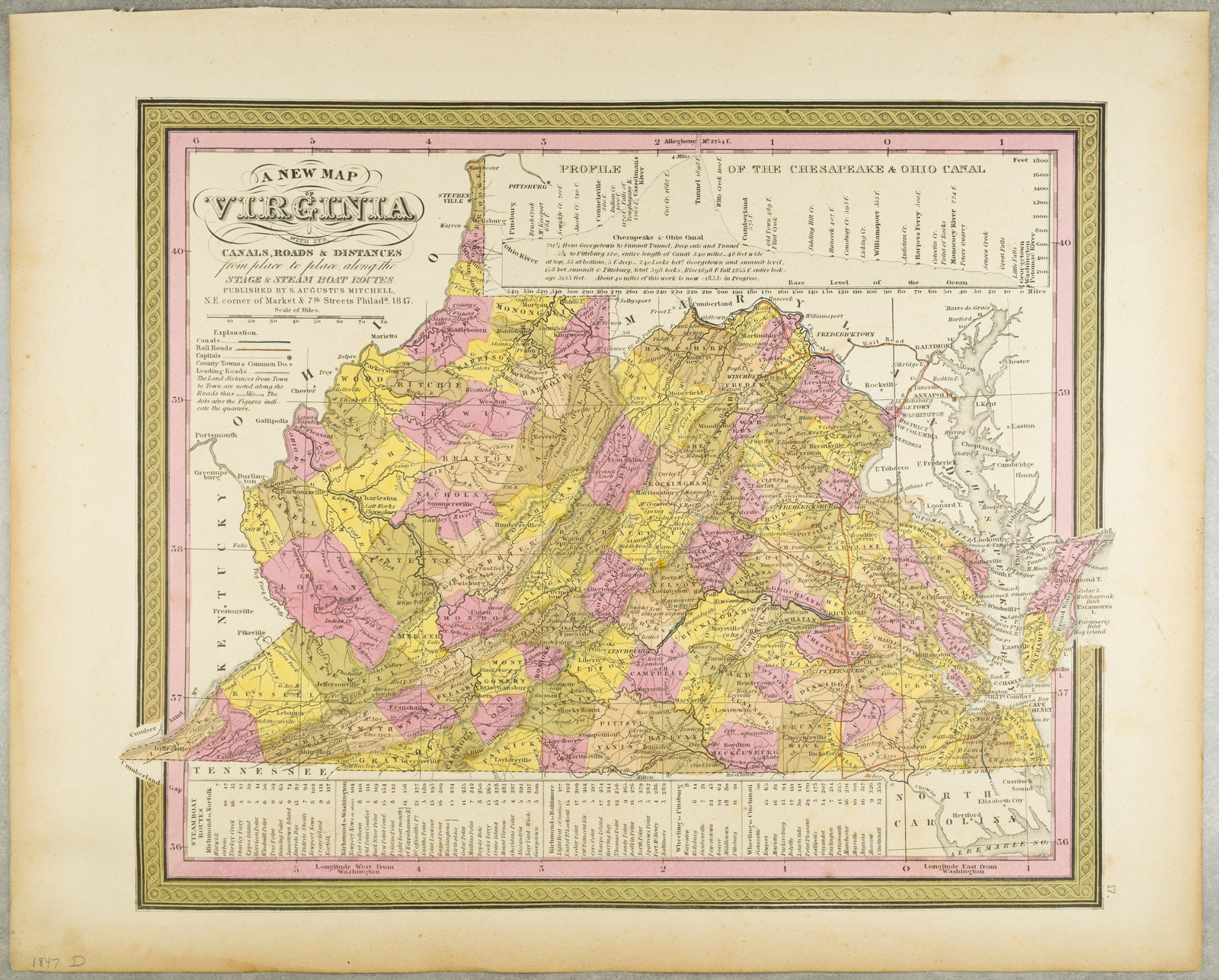 A New Map of Virginia with its Canals, Roads & Distances from Place to ...