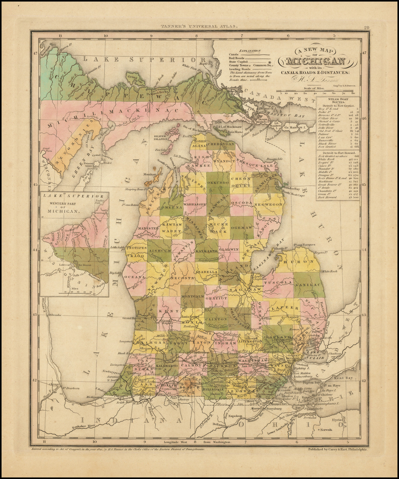 A New Map of Michigan with its Canals, Roads & Distances by H.S. Tanner ...