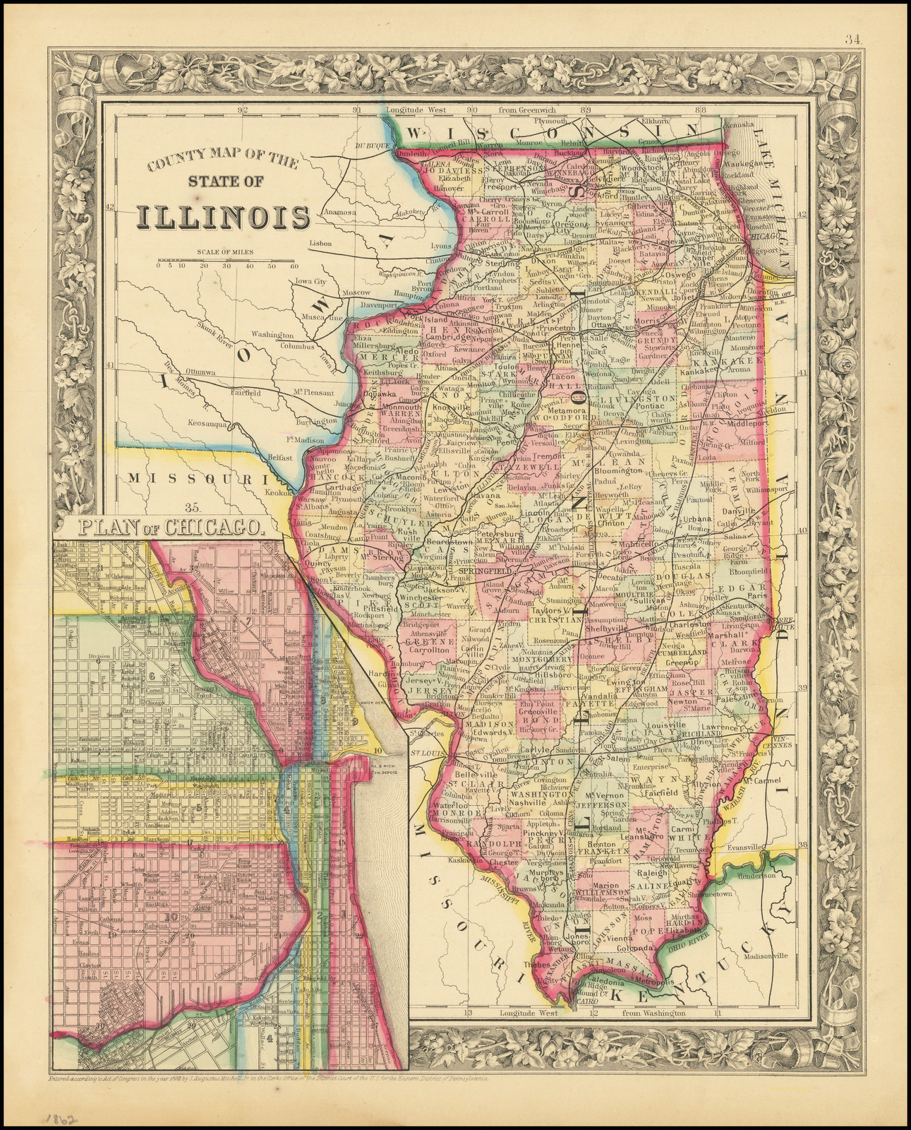 County Map of the State of Illinois (Chicago Inset) - Barry Lawrence ...