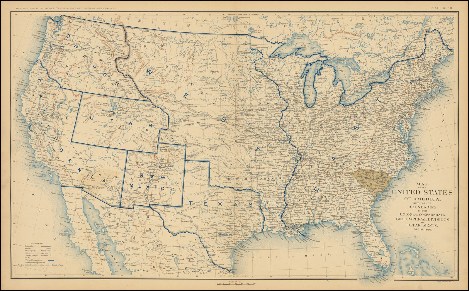 (Civil War) Map of the United States of America, Showing Boundaries of ...