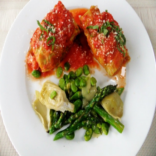 Pork and Cabbage Involtini with a Spring Vegetable Side