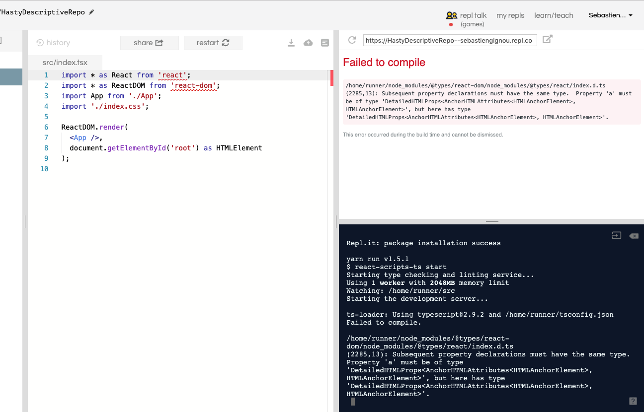 Error When Creating New React Typescript Project Replit