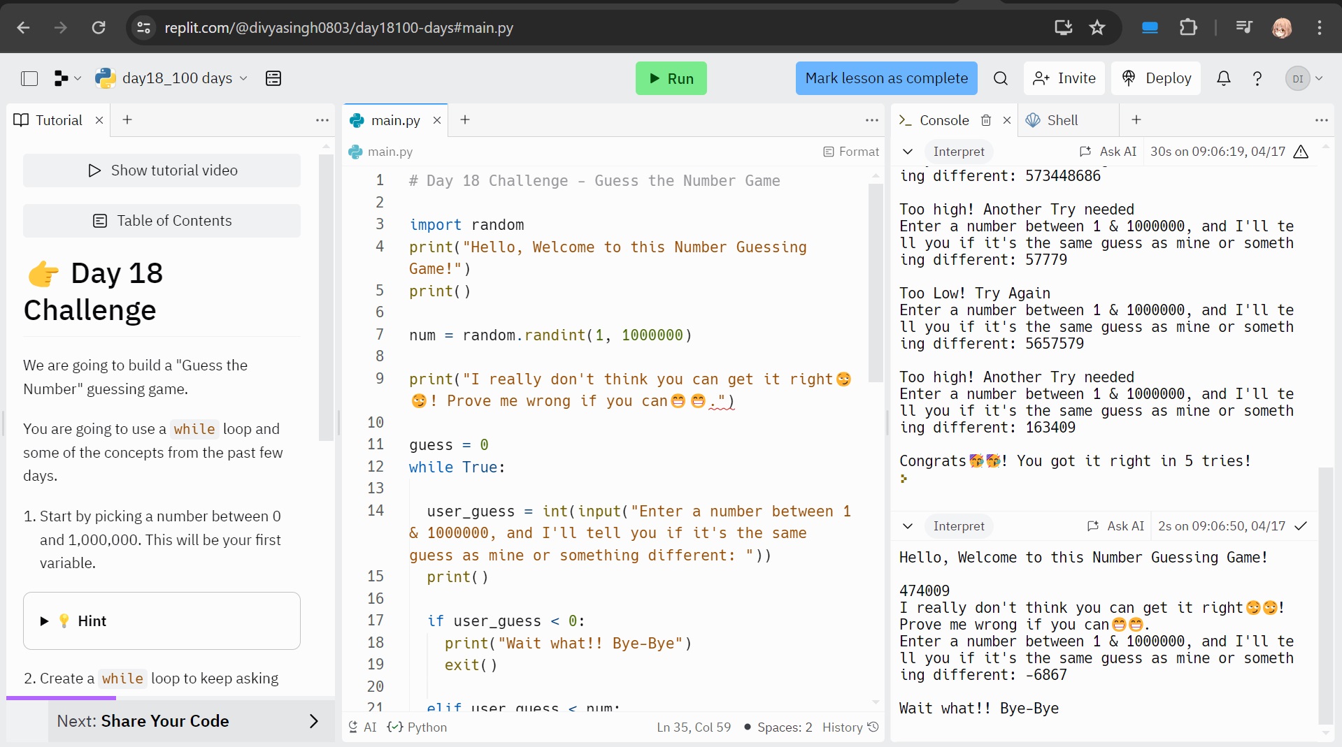 Guess the Number Game - Replit