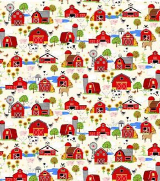Fabric Traditions Barn Scene on White Novelty Cotton Fabric by Fabric ...