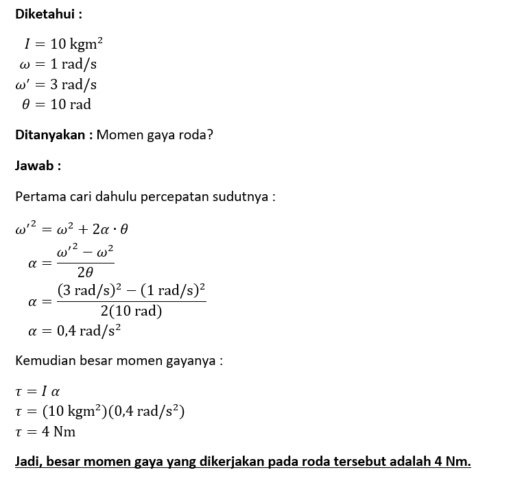 momen inersia roda adalah 10 kg m2. pada suatu saa...