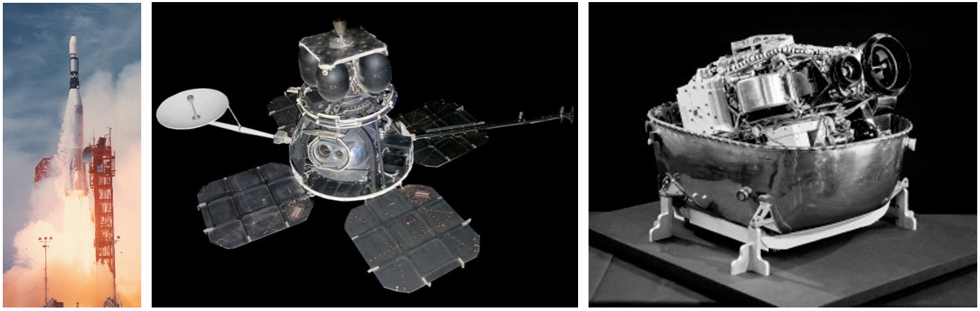 Left: Launch of Lunar Orbiter 1 on an Atlas-Agena D rocket. Middle: A ...