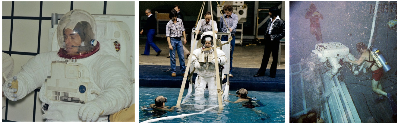 Left: STS-1 Pilot Robert L. Crippen tests the new suit for conducting ...