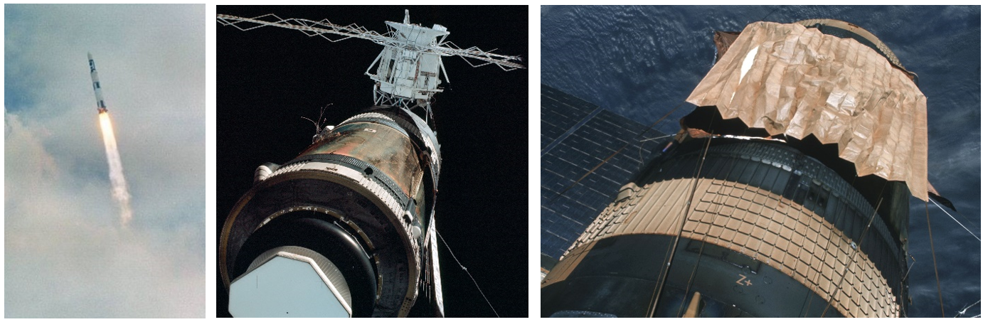Left: The Skylab space station during ascent on its Saturn V rocket ...