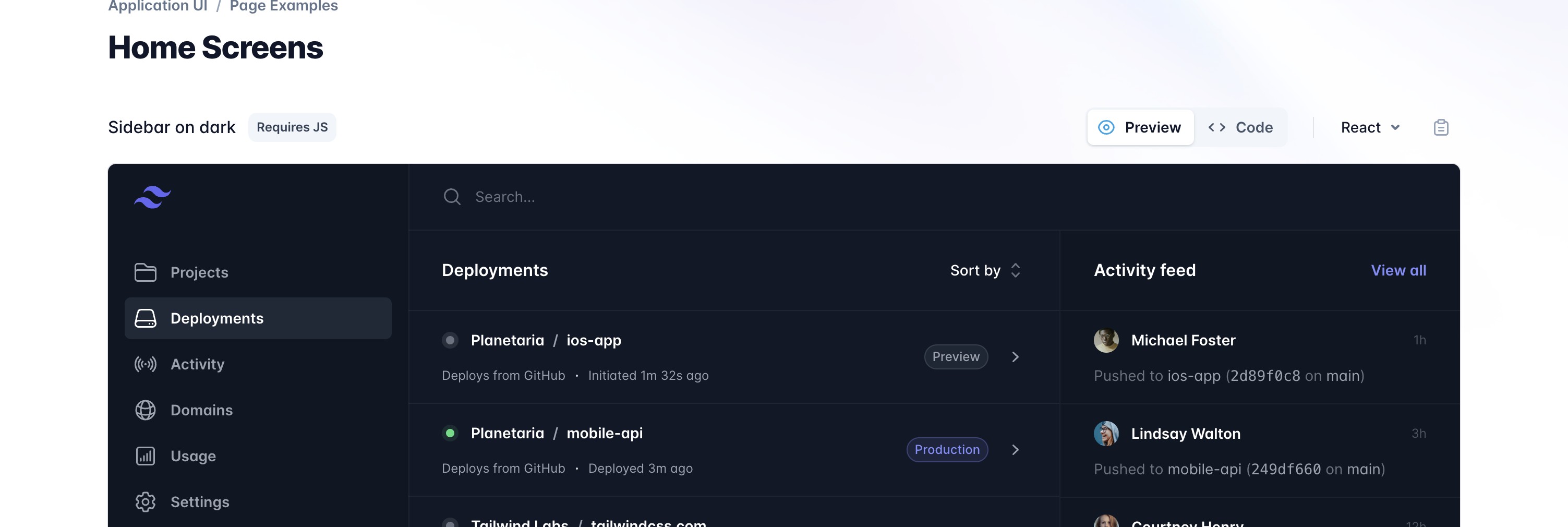 Home Screens - Official Tailwind CSS UI Components