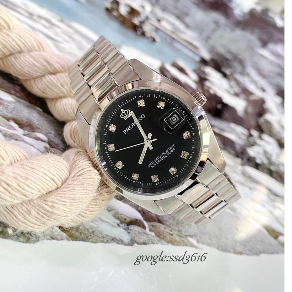 PROKING皇冠鑽錶 日本機芯/日期款/強化玻璃/不鏽鋼帶/石英錶 整點鑲鑽/紳士高貴氣質 台灣製造4002黑面鑽 |經緯度鐘錶 KING ...