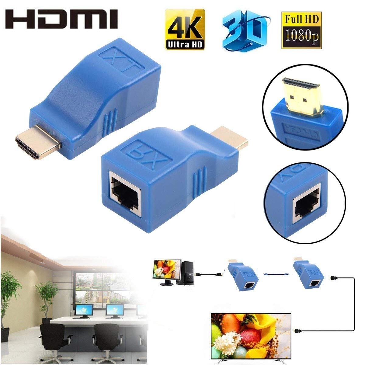 Microware HDMI Dual RJ45 CAT5e/6 HDMI Extender Network Ethernet Adapter ...