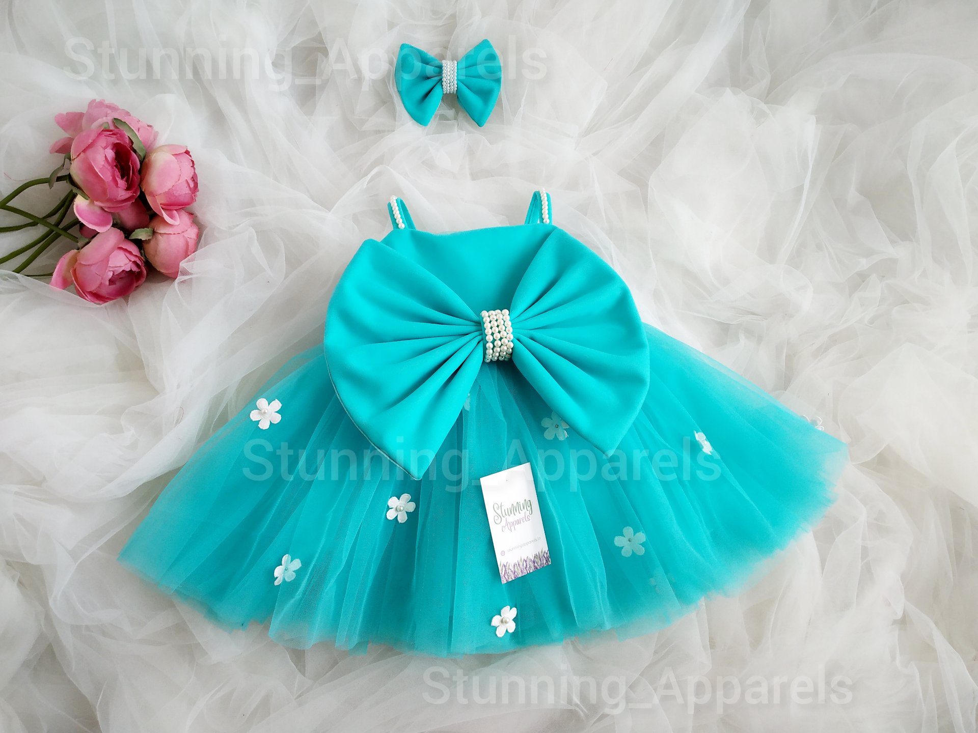 White Flower Work Strapped Sky Blue Frock