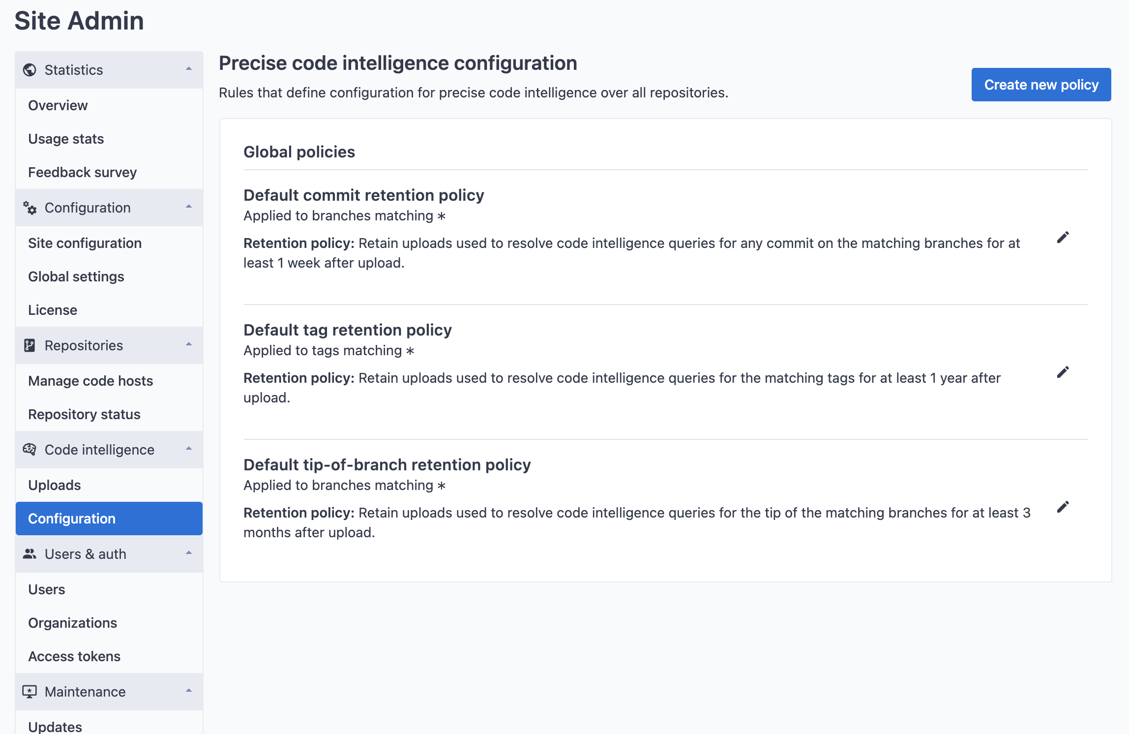 Configure precise code intelligence data retention policies - Sourcegraph docs
