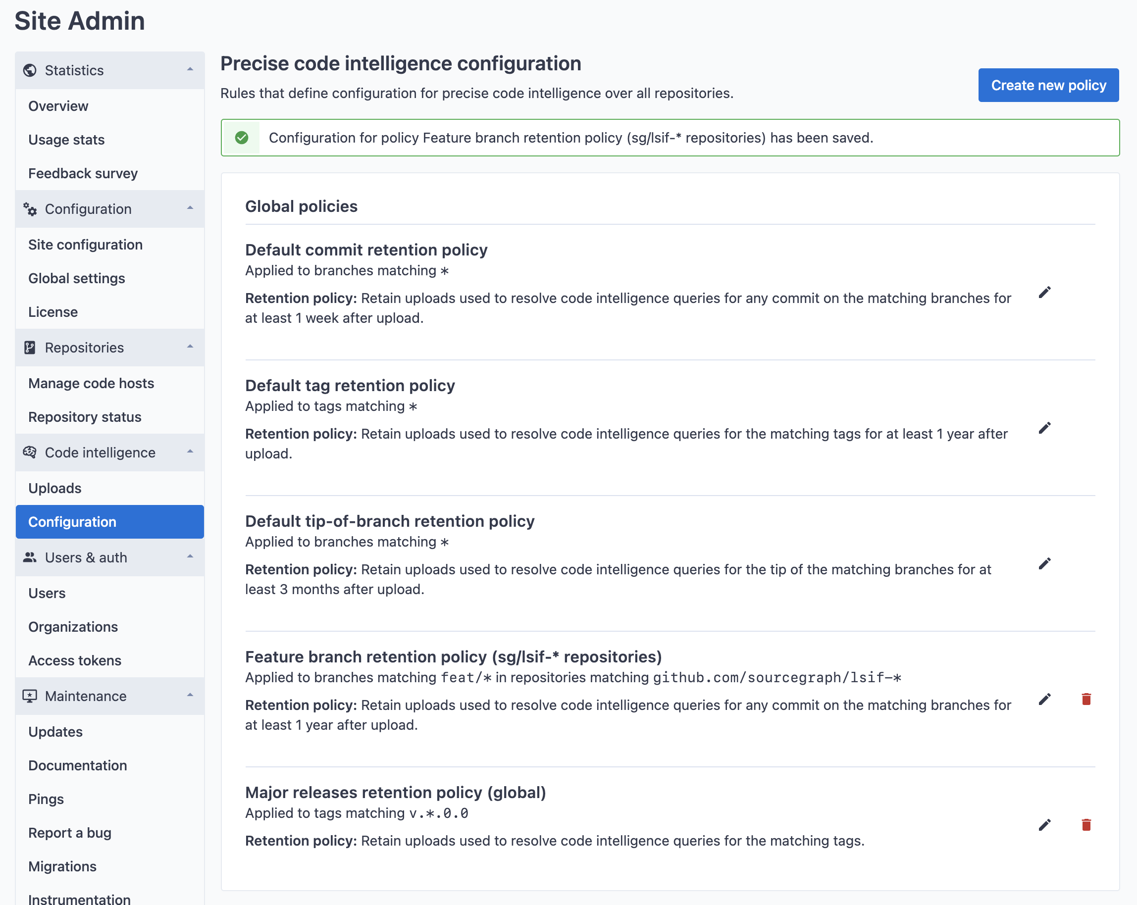 Configure precise code intelligence data retention policies - Sourcegraph docs