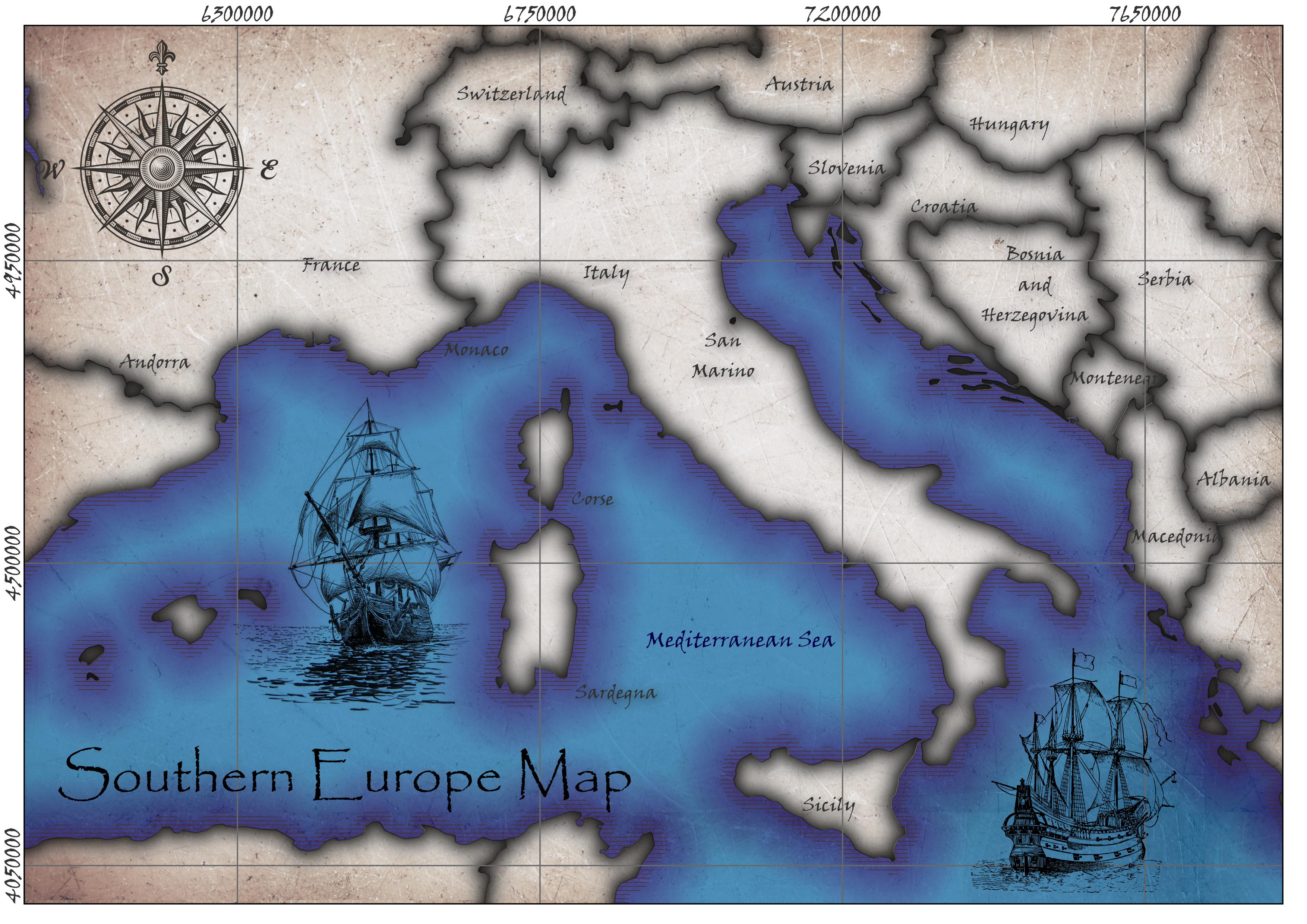 Mapa vintage do sul da Europa | Spatialnode
