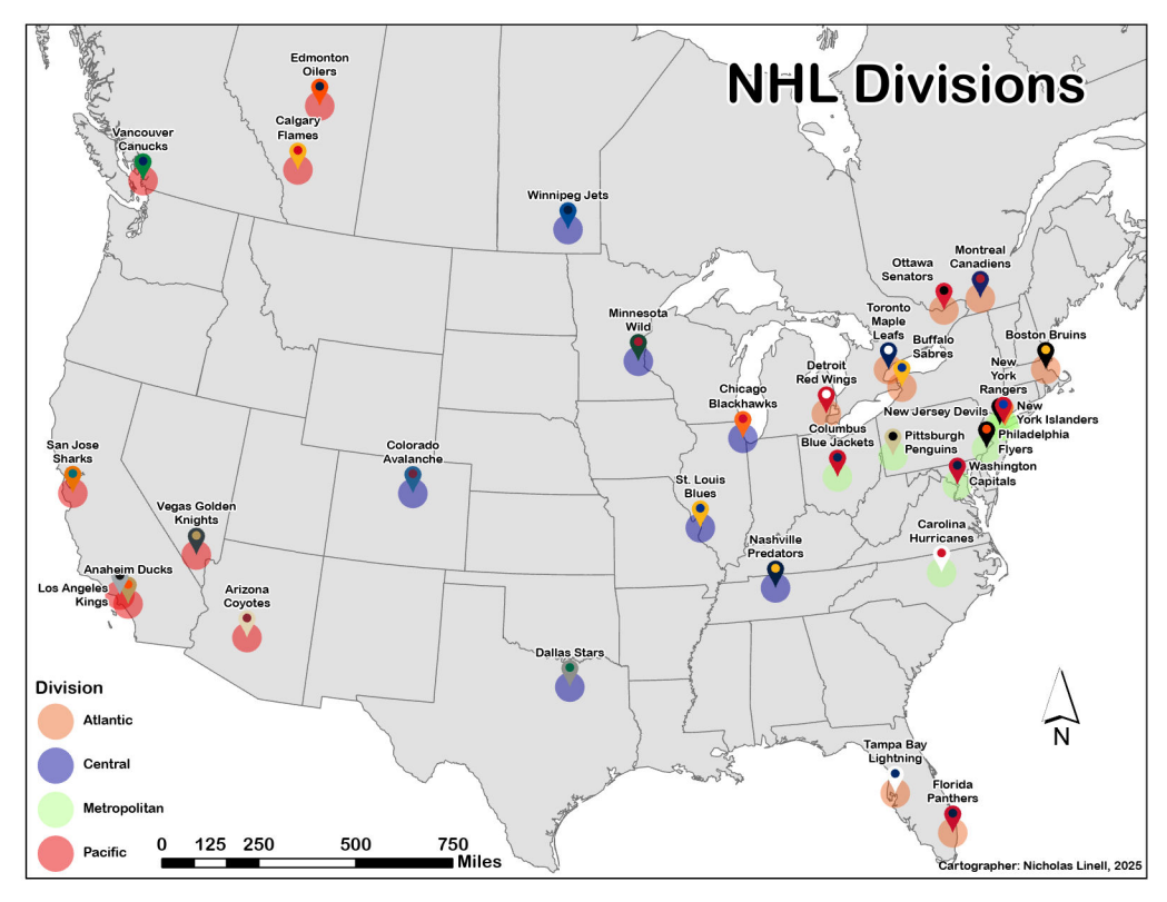 NHL Team Locations by Division | Spatialnode