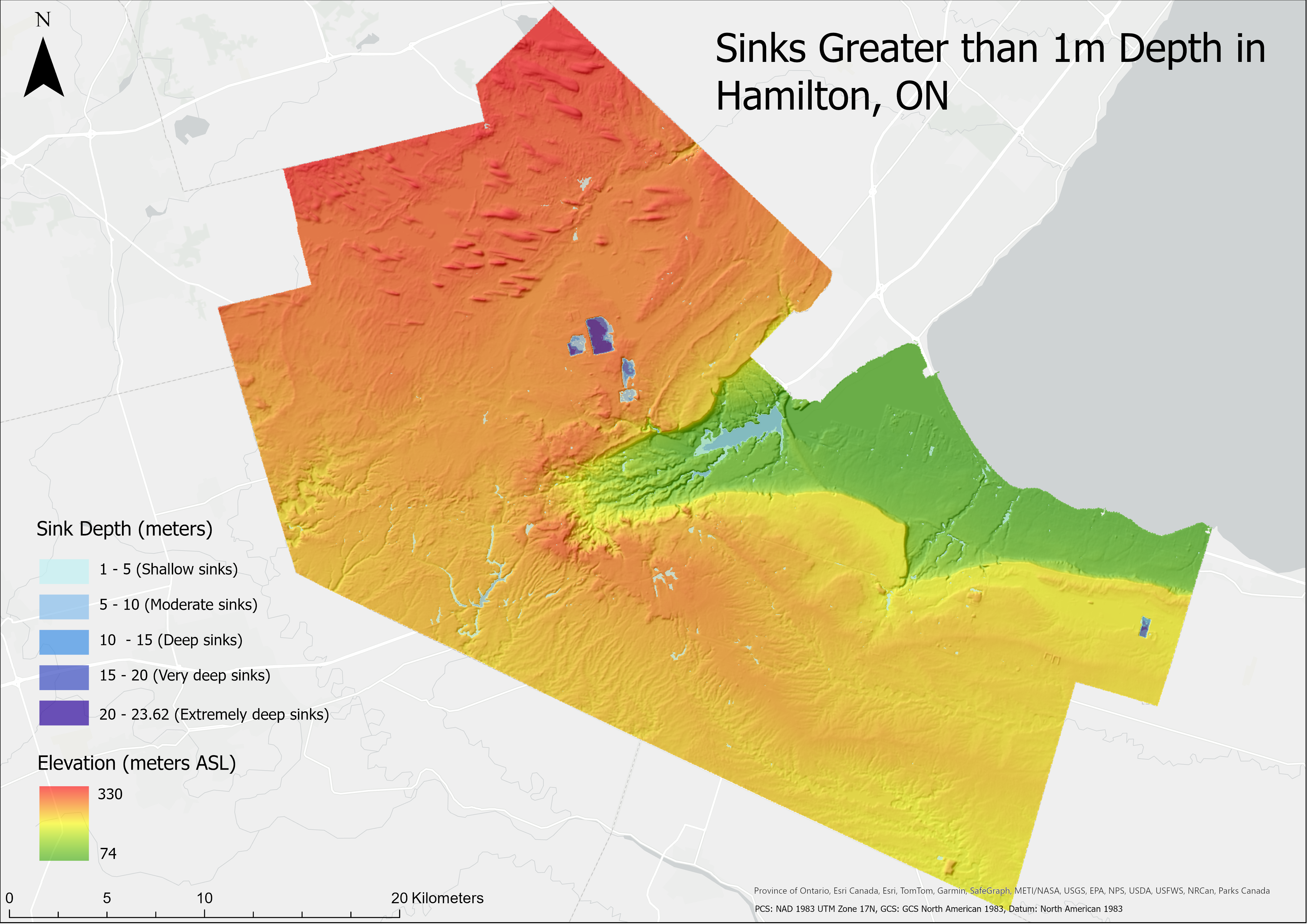Hydrologic Sink Depths in Hamilton, ON | Spatialnode