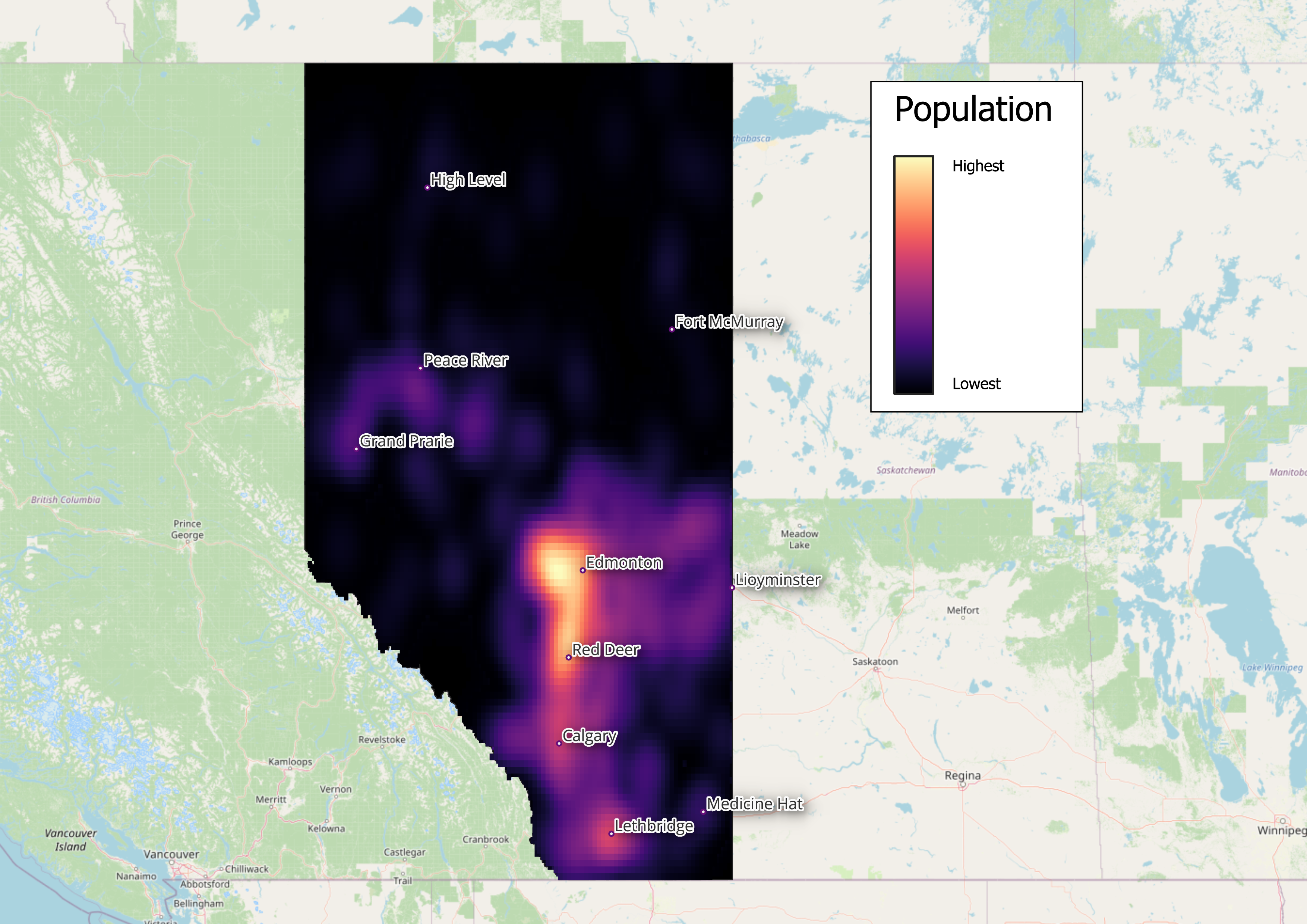 Heat Map of the population of Alberta | Spatialnode