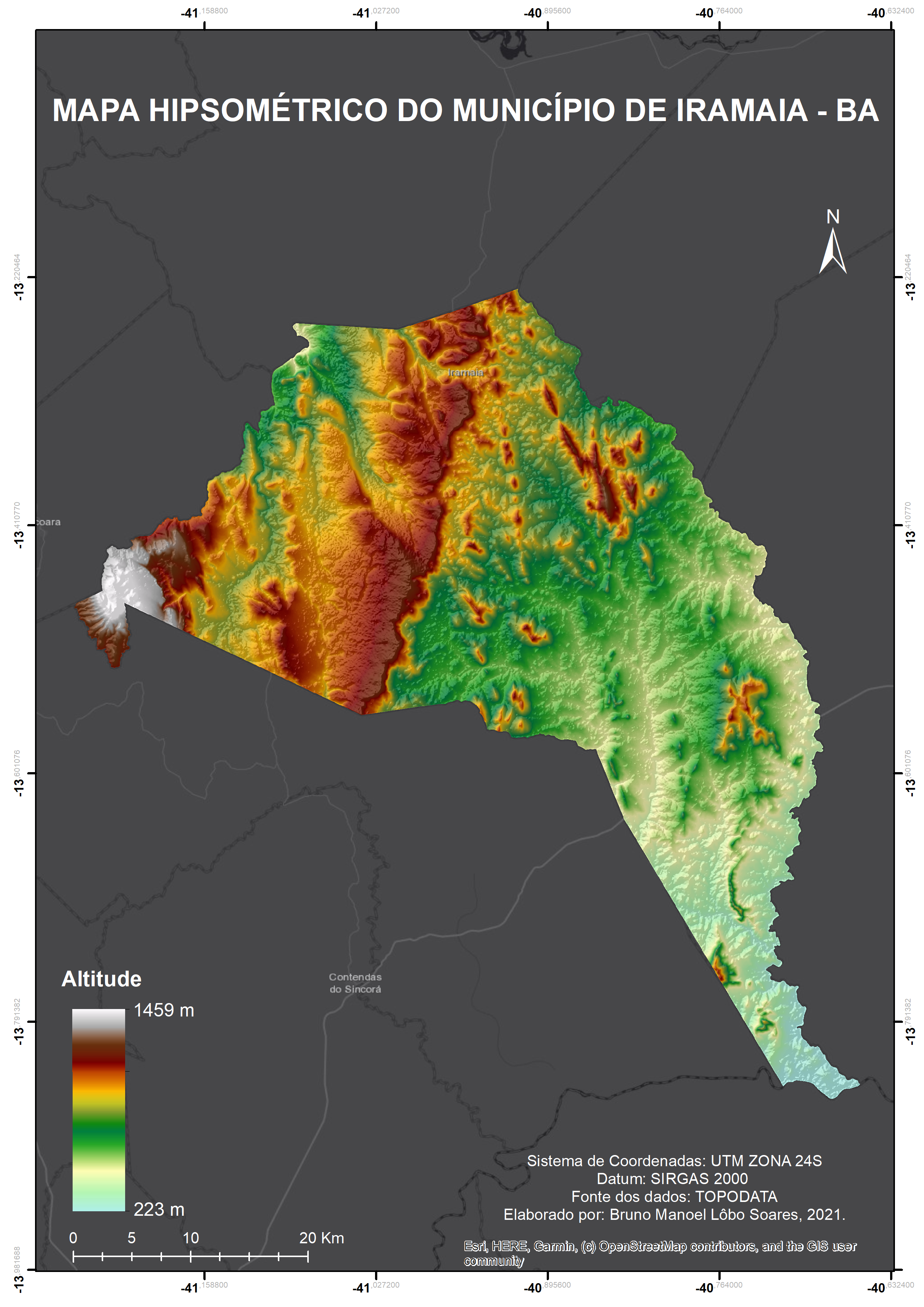 Mapa hipsométricodo município de Iramaia | Spatialnode