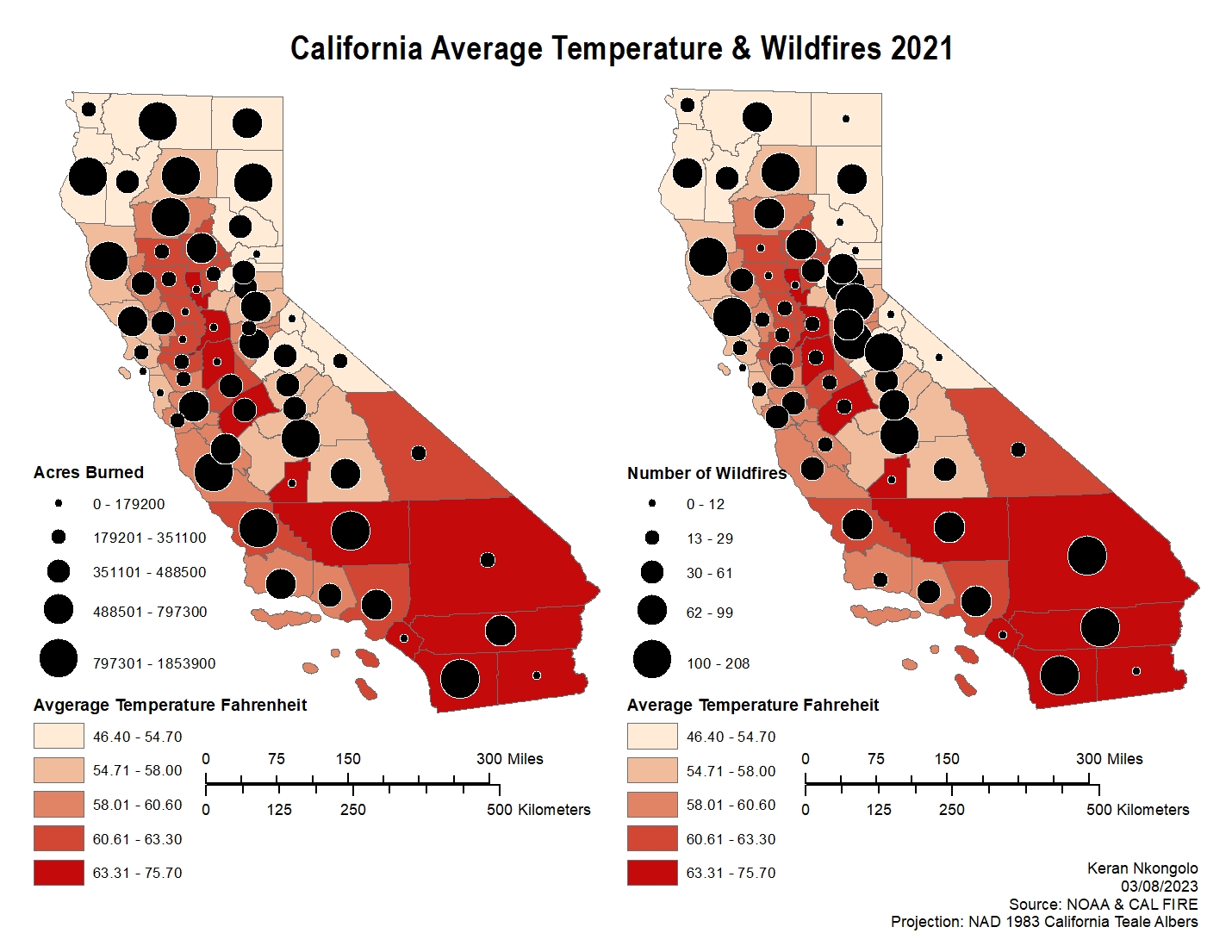 CA Average Temperature & WF | Spatialnode