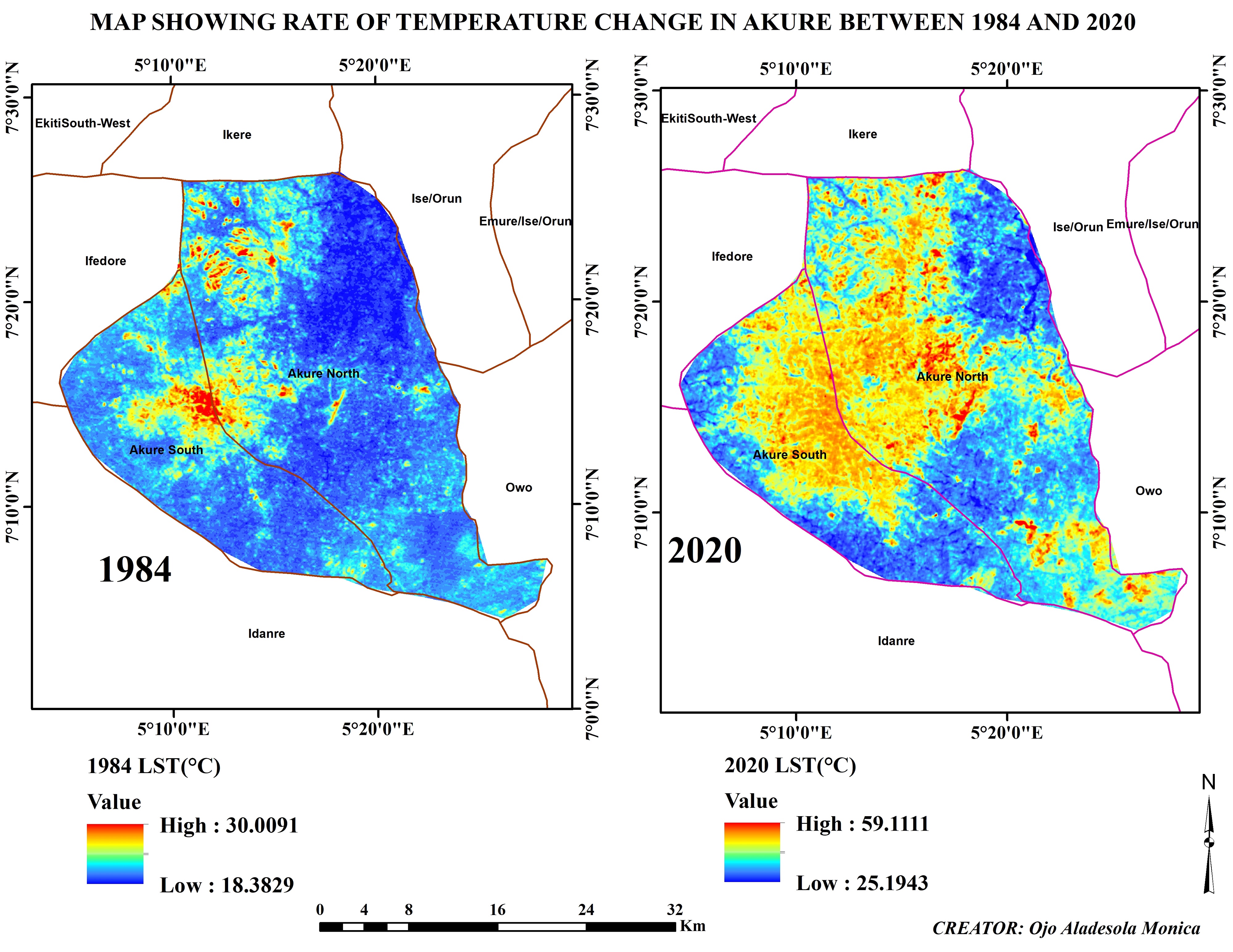 Akure Temperature Map (1984 and 2020) | Spatialnode