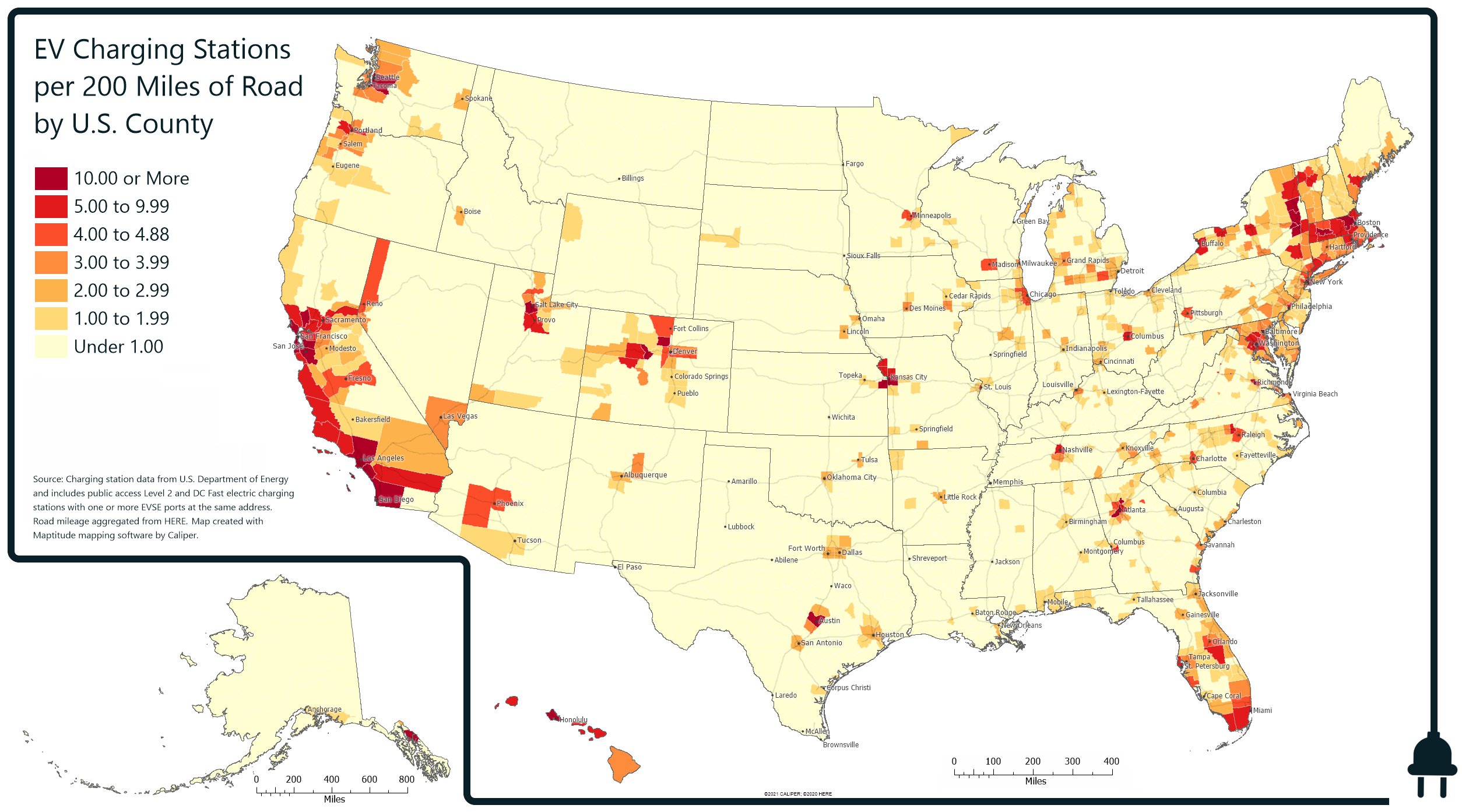 EV Charging Stations per 200 Road Miles | Spatialnode