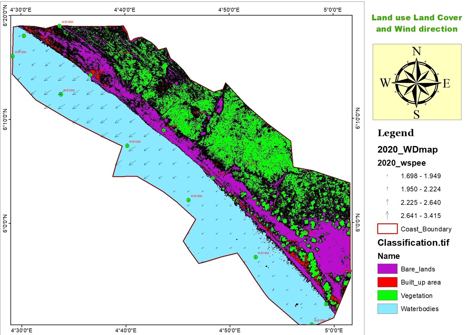 LULC and Wind direction map. | Spatialnode
