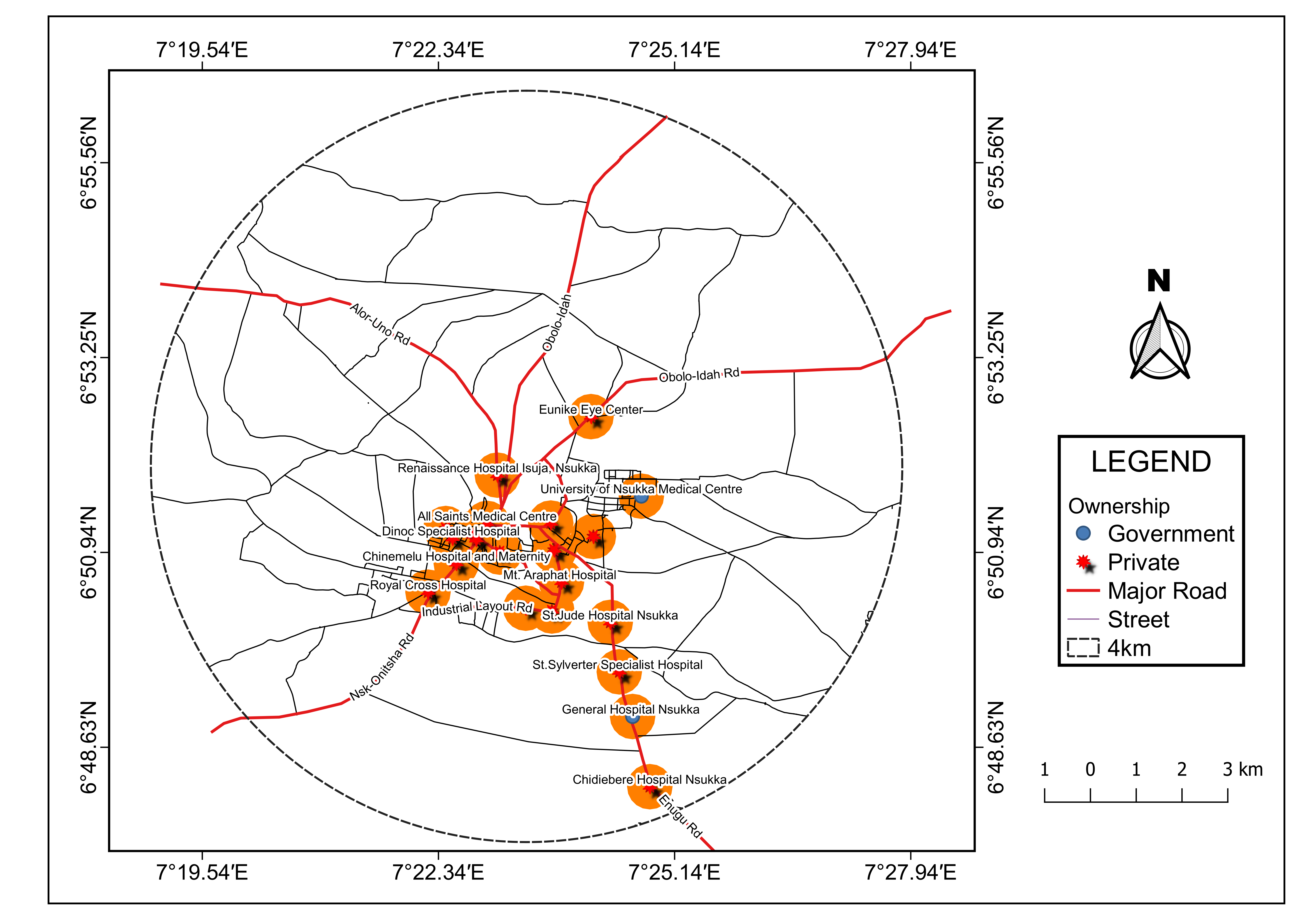 3Km Buffer of Healthcare facilities | Spatialnode