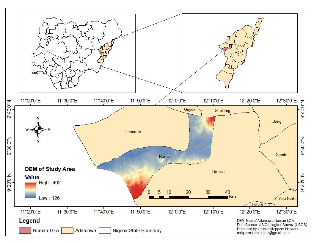 DEM of Numan LGA, Adamawa, Nigeria. | Spatialnode