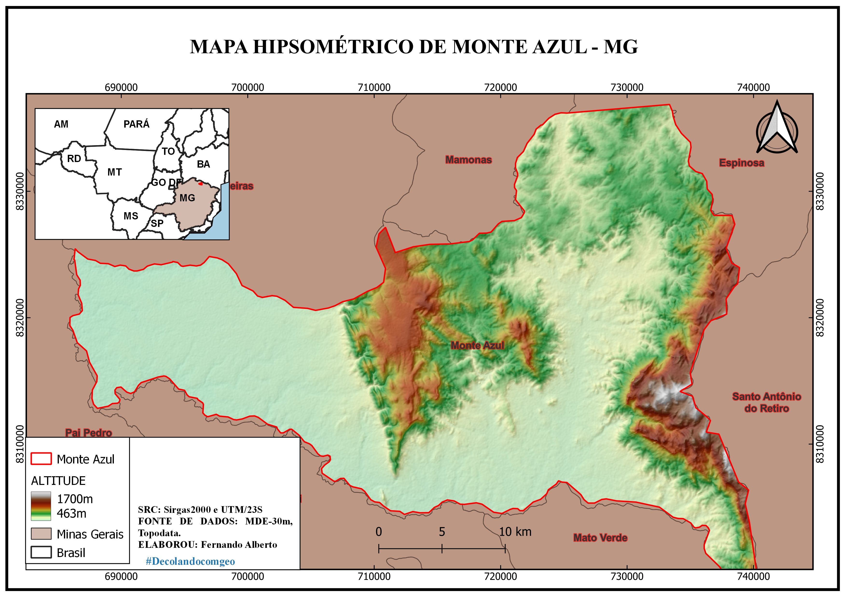 Mapa Hipsométrico de Monte Azul-MG | Spatialnode