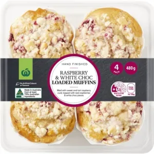Diet info for Woolworths Raspberry & White Choc Loaded Muffins - Spoonful
