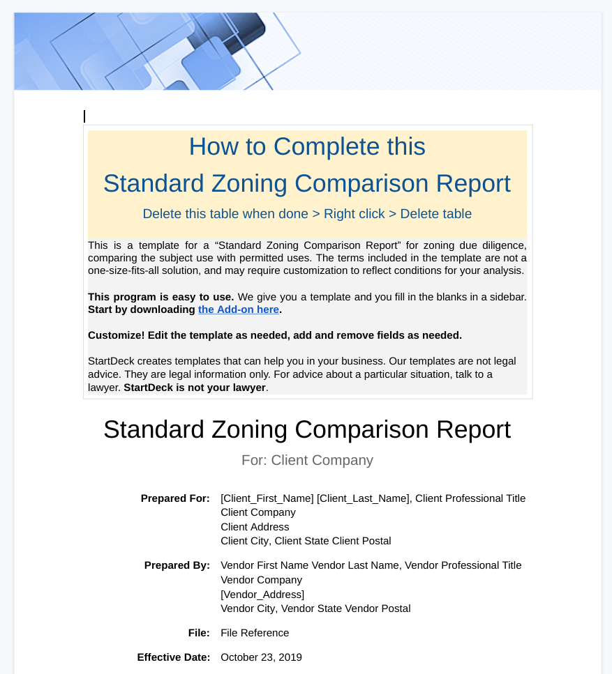Standard Zoning Comparison Report | Template Library | StartDeck