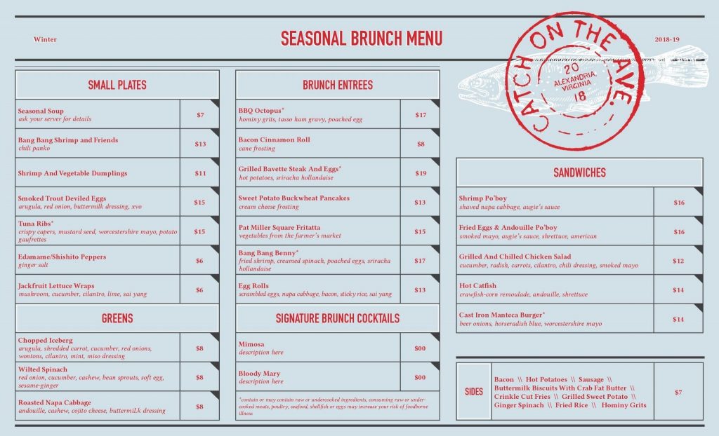 Sneak Peek at Menus for New Catch on the Avenue, Opens Wed, Dec 19