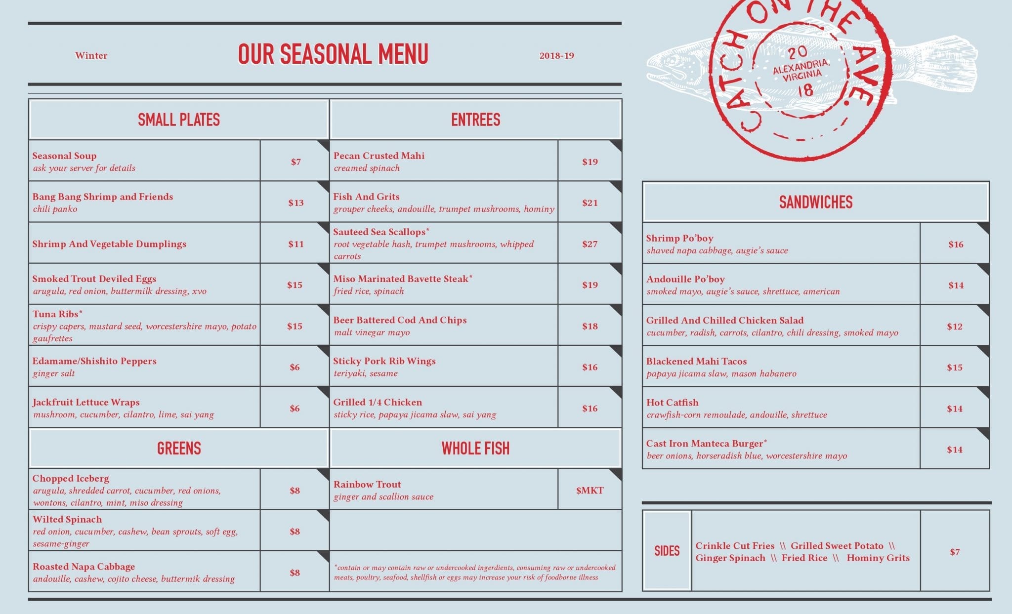 Sneak Peek at Menus for New Catch on the Avenue, Opens Wed, Dec 19