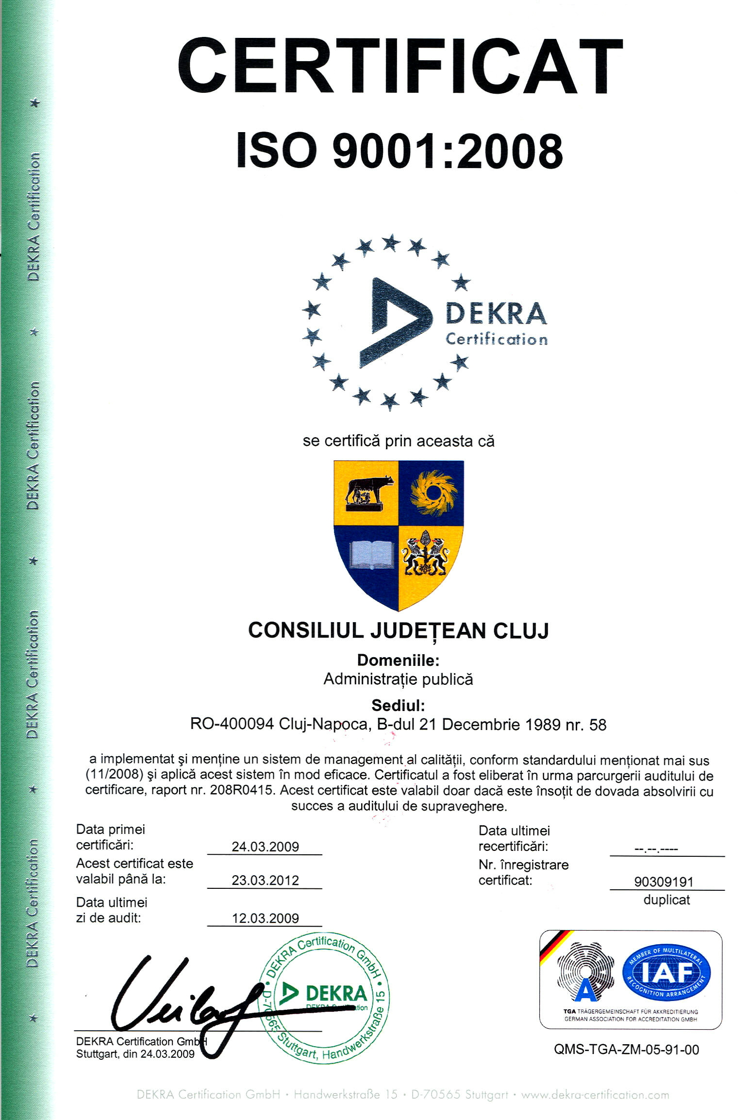 Obtinere certificat ISO 9001 - Consiliul Județean Cluj