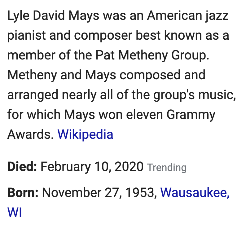 Lyle Mays, professional musician, dead on the 41st day of the year ...