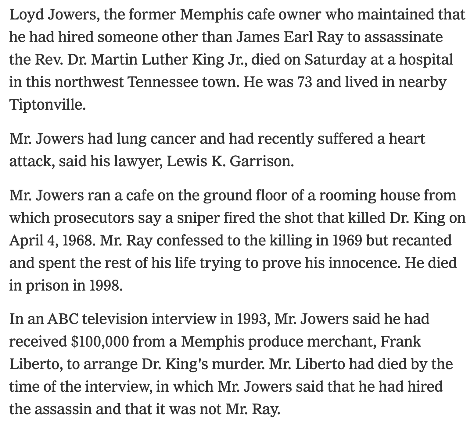 Loyd Jowers, who claimed to be a conspirator in the MLK assassination ...