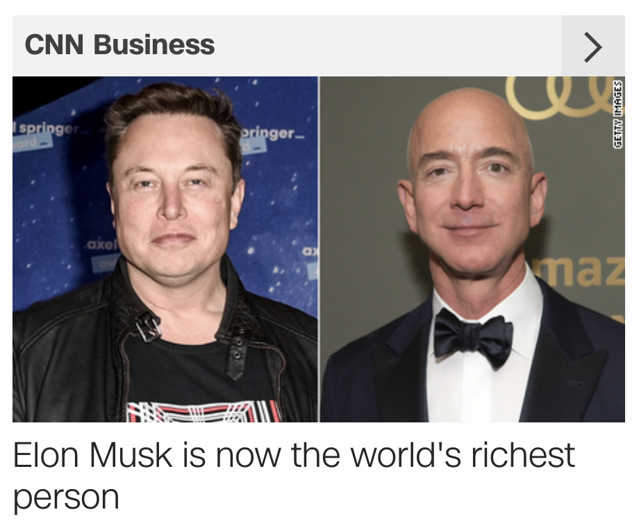 Elon Musk passes Jeff Bezos in wealth, January 7, 2021, in a clearly ...