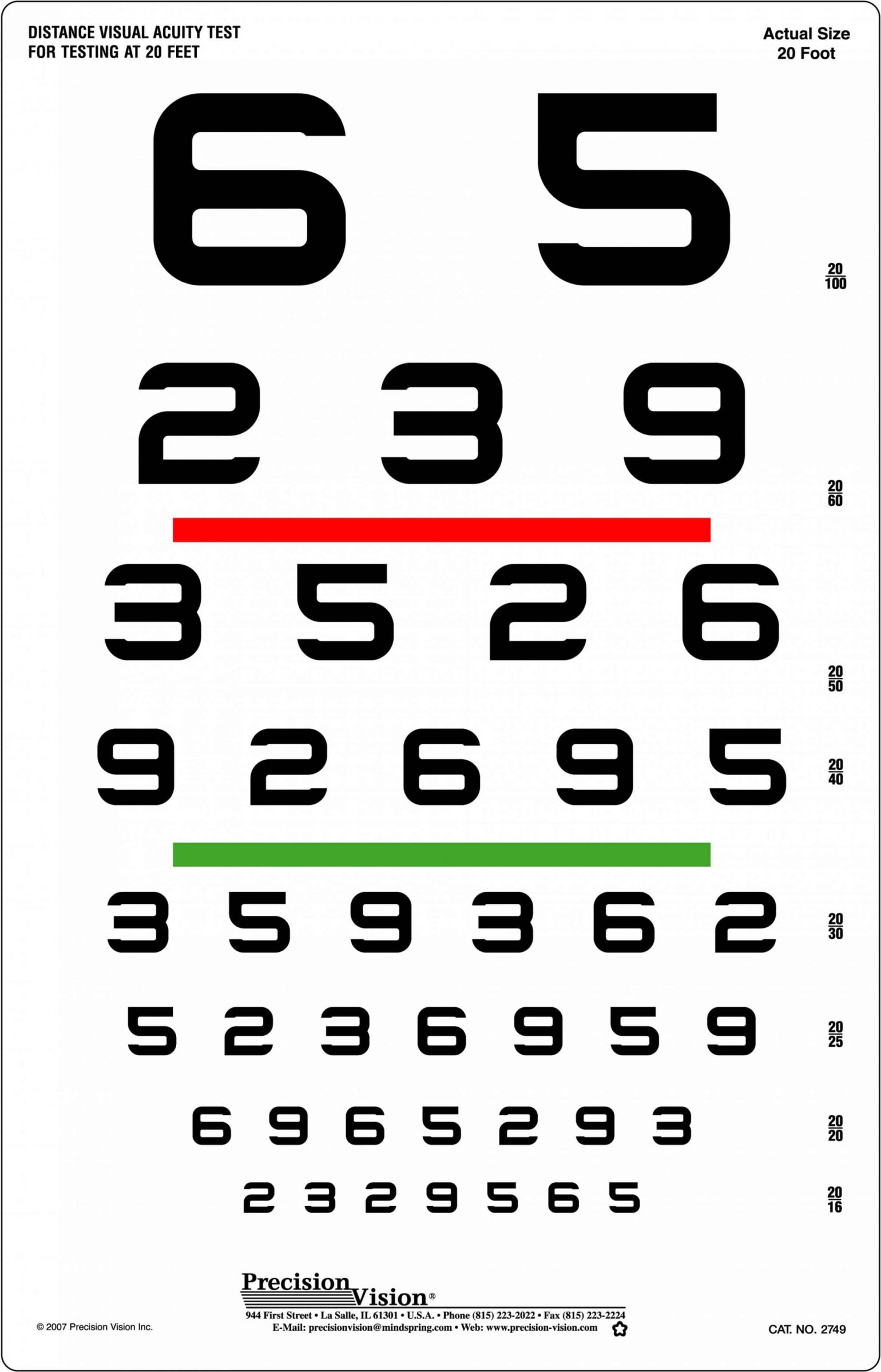 SnellenNumber Eye Chart With Red Green Lines 20 Ft Size 22 X 11 Inch s 