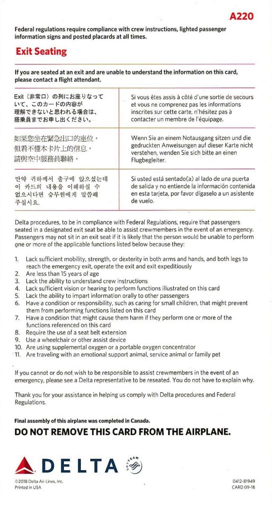 Delta Airbus A220 Safety Card 2018 - The Airchive 2.0
