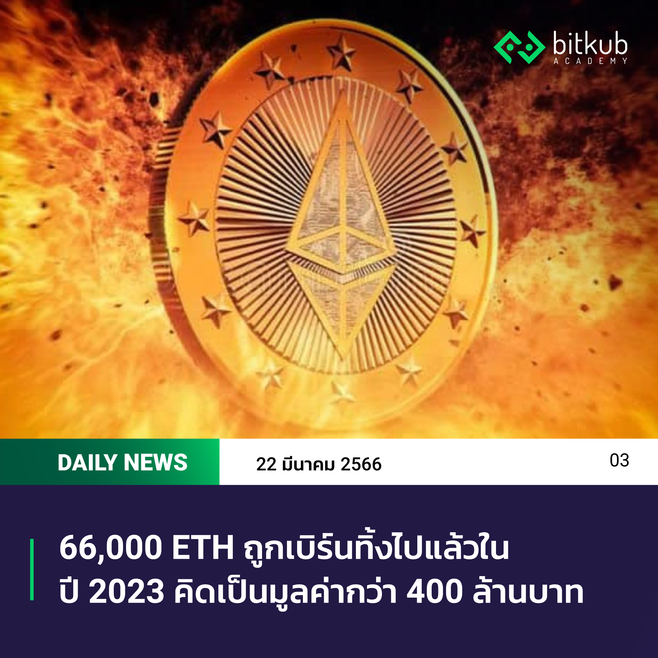 66,000 ETH ถูกเบิร์นทิ้งไปแล้วในปี 2023 คิดเป็นมูลค่ากว่า 400 ล้านบาท